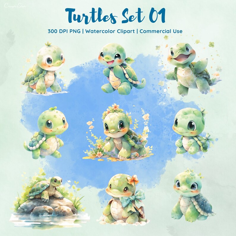 Cute Turtle Watercolor Clipart Set - Transparent Background, High ...