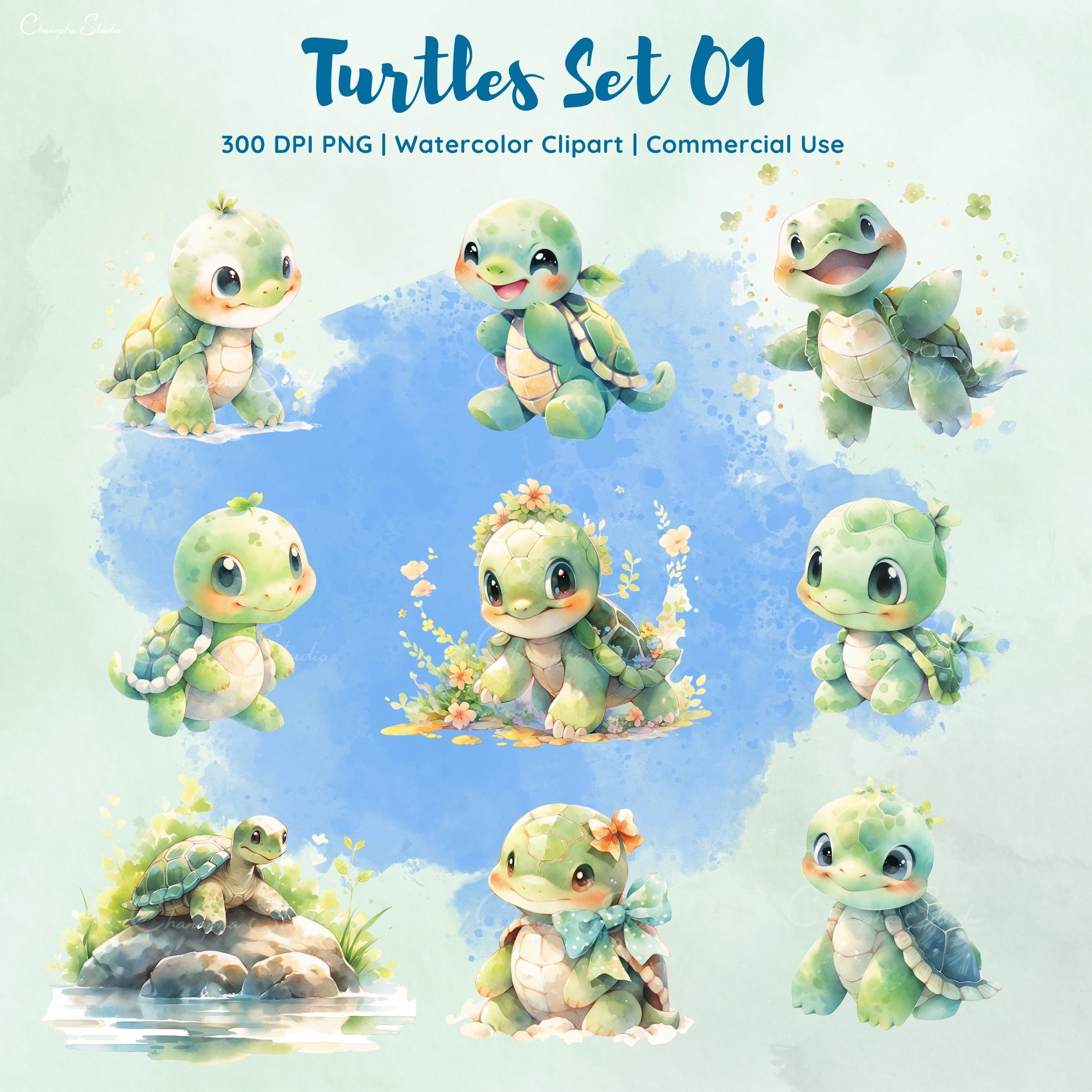 Cute Turtle Watercolor Clipart Set - Transparent Background, High ...