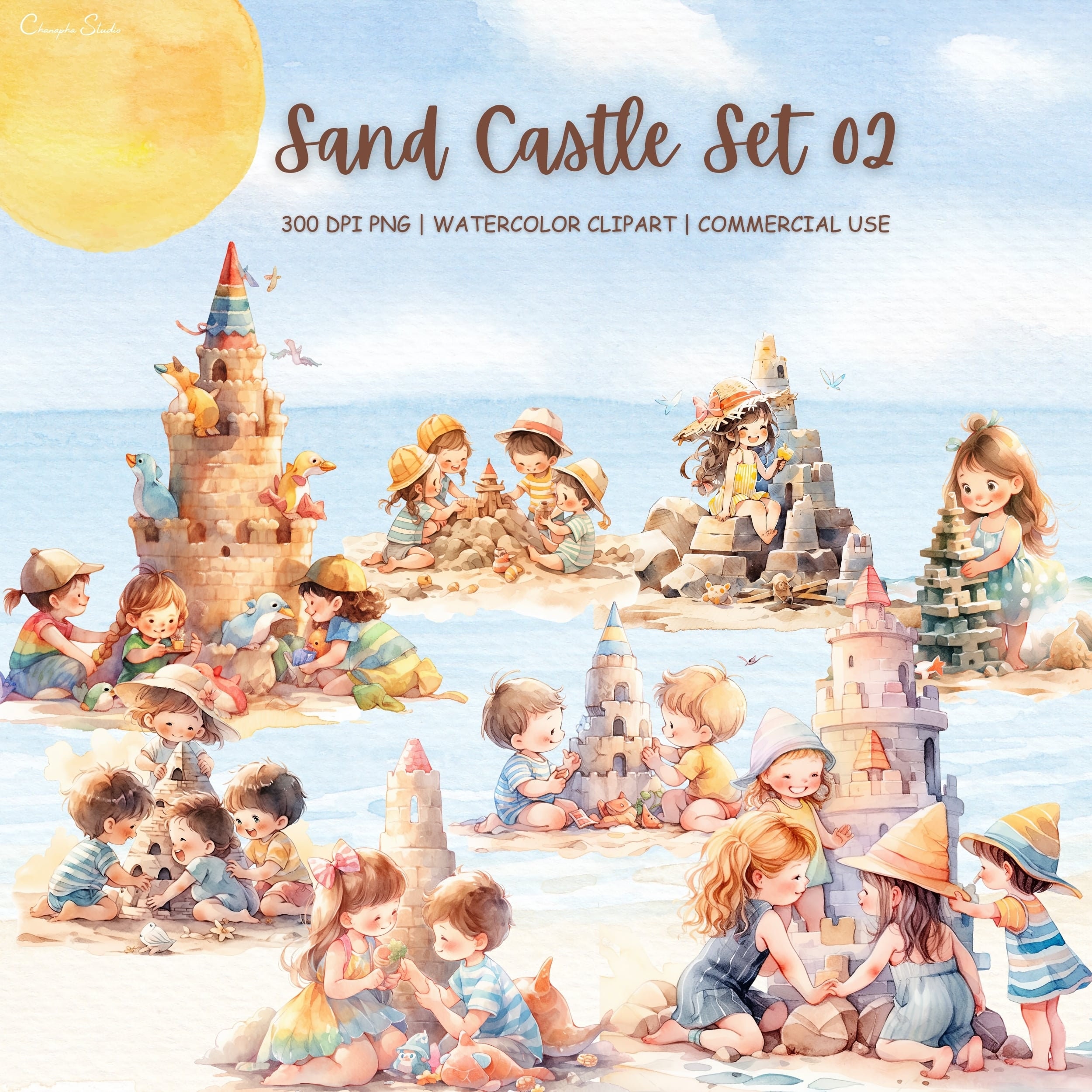 Enchanting Beach Day Watercolor Collection Sand Castle Series 02, 300 ...