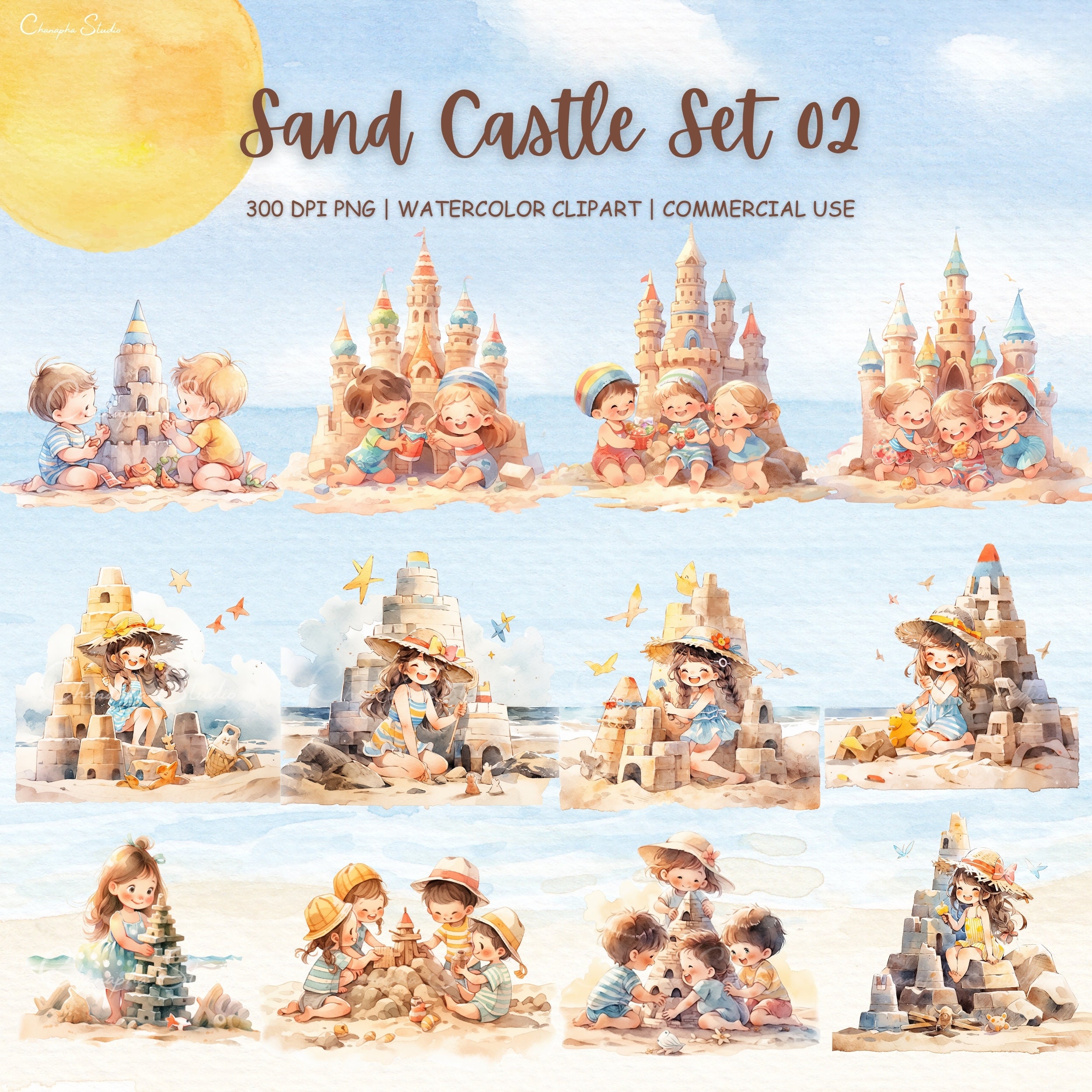Enchanting Beach Day Watercolor Collection Sand Castle Series 02, 300 ...