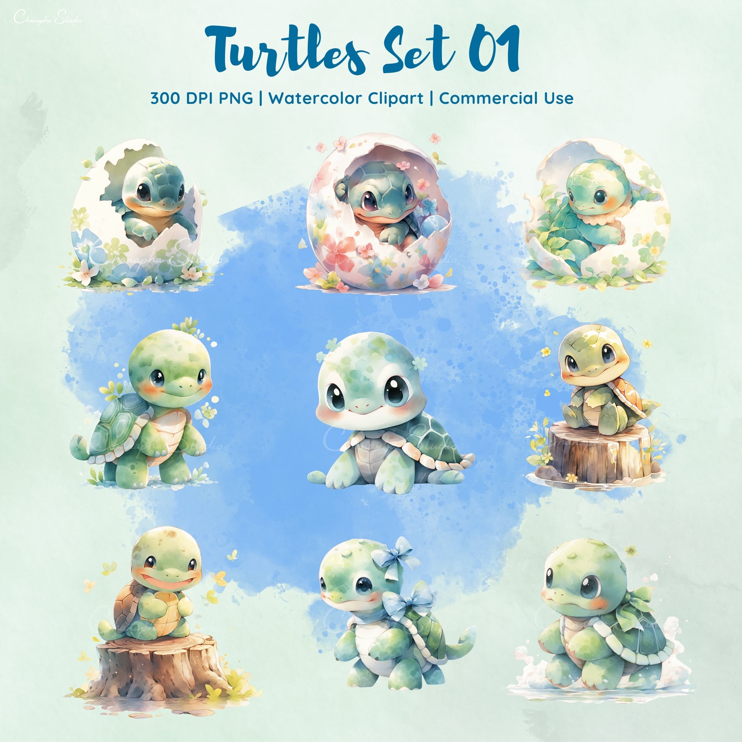 Cute Turtle Watercolor Clipart Set - Transparent Background, High ...