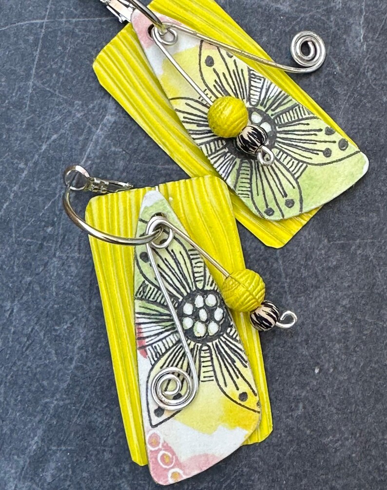 Handcrafted Mixed Media Earrings Yellow Painted Metal With Paper and ...