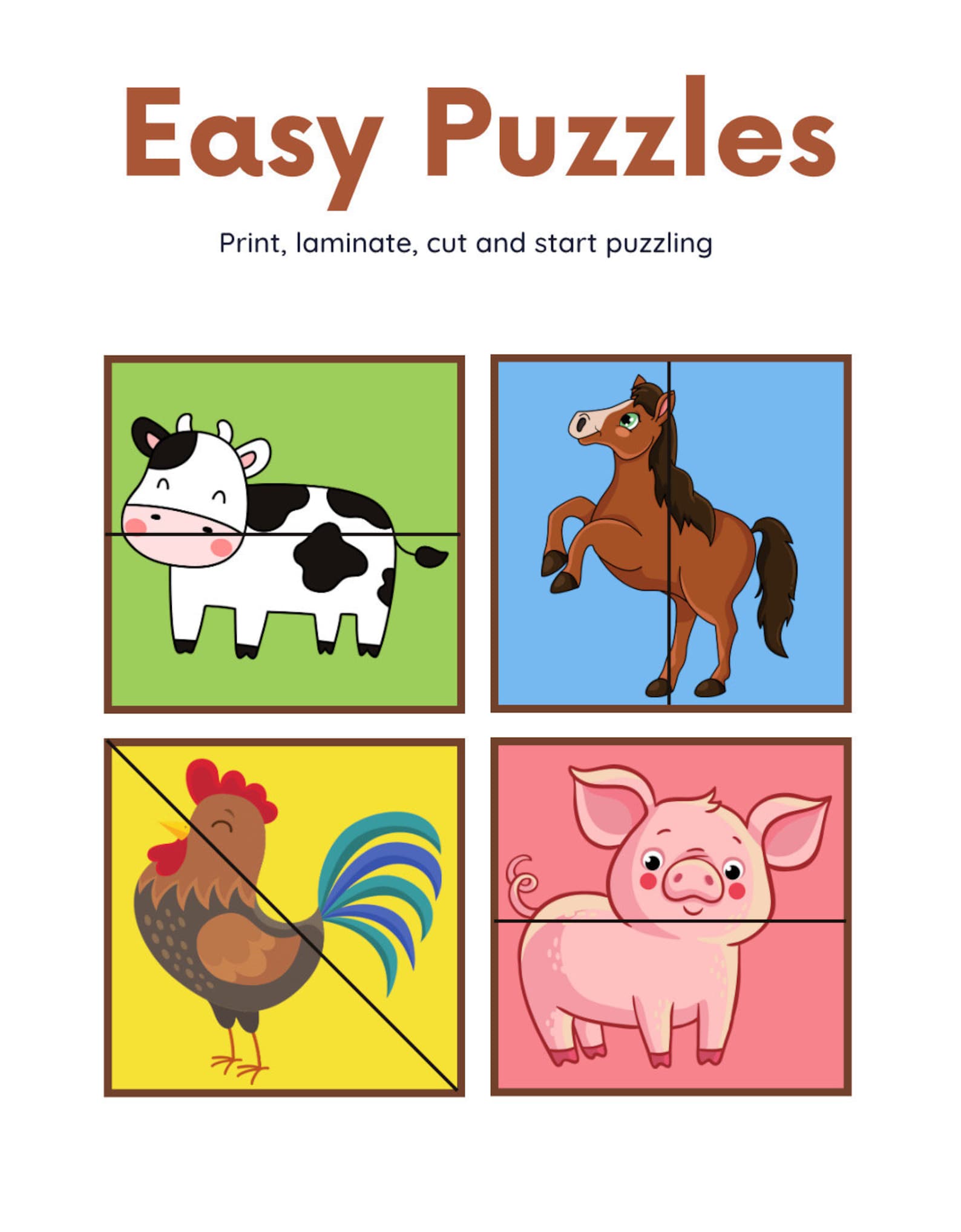 Downloadable Easy Toddler Puzzle Printables, 32 Pieces, 16-2 Piece ...