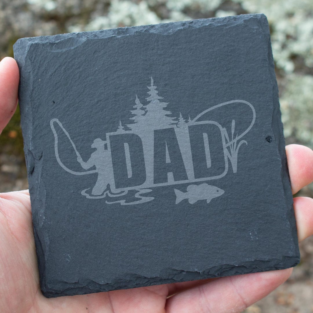 Dad Fishing Coaster. Engraved Slate Coaster for Fishermen. Rustic Rock ...