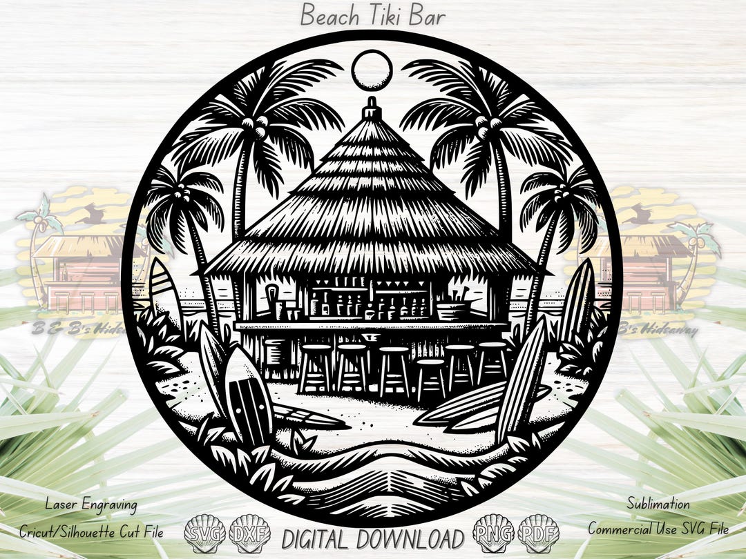 Tropical Beach Tiki Hut Bar SVG, Palm Trees, Surfboards, T-shirts Laser ...