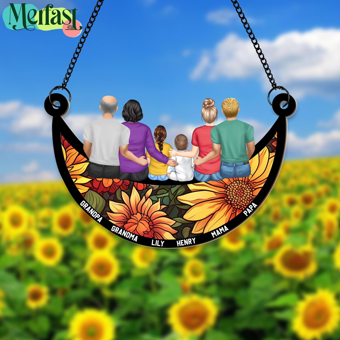 Custom Family Name Suncatcher Ornament, Family Sitting on the Moon ...