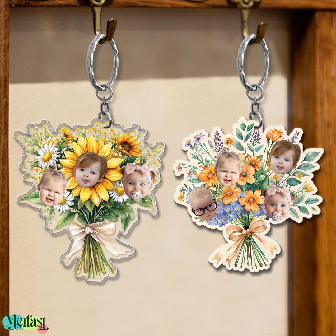 Personalized Kids Face Photo Keychain, Kids Photo Bouquet Keychain ...