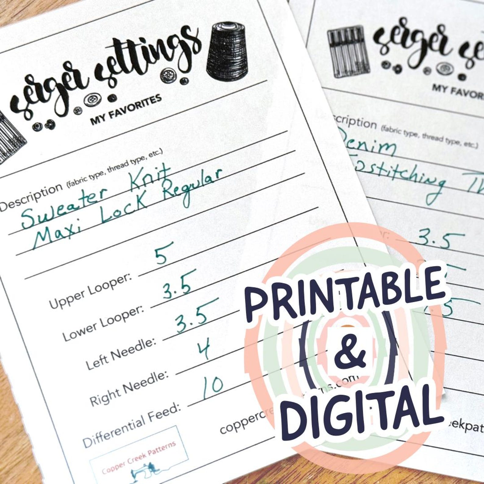 Printable and Digital Serger Setting Cards | PDF Sewing Planner for ...