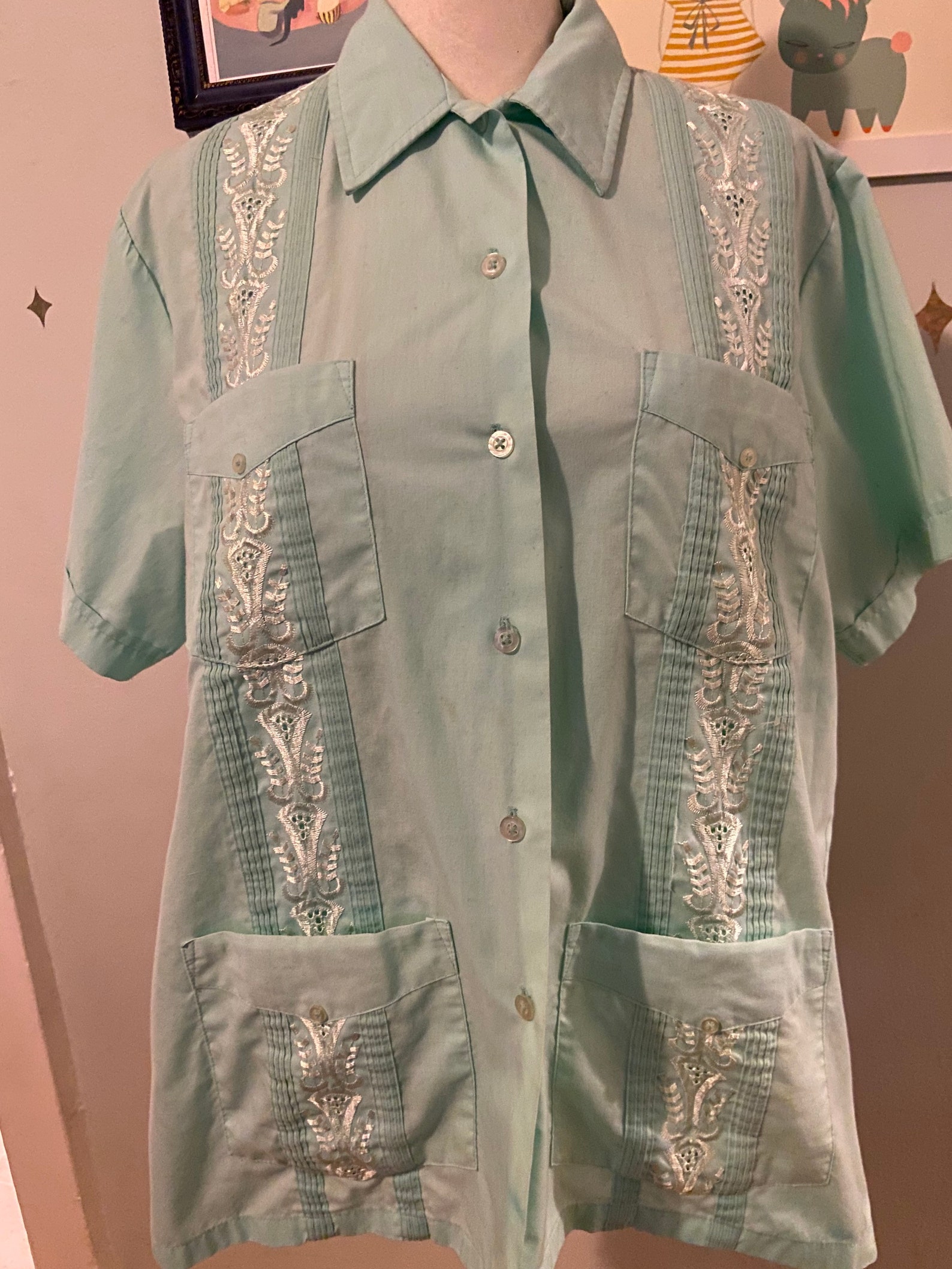 Vintage Mint Haband Collared Shirt With Pockets and Embroidery • Size ...