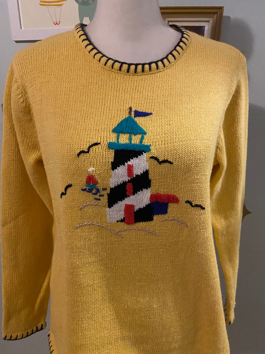 Vintage Yellow Knit Sweater With Embroidered Lighthouse by Sag Harbor ...