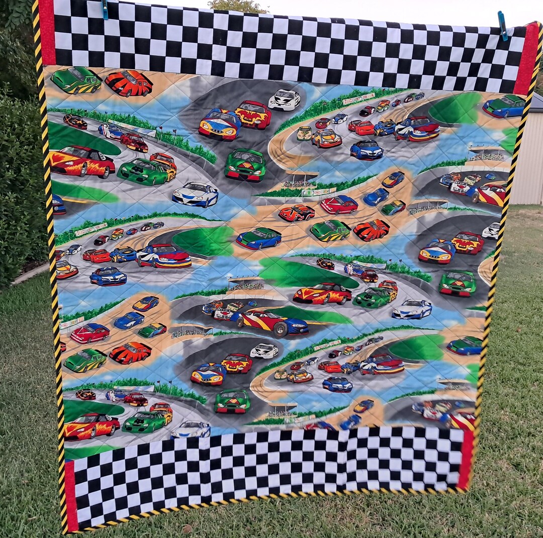 Handmade Racing Car Quilt - Cotton Kids Bedding - Snuggle Quilt - Etsy ...