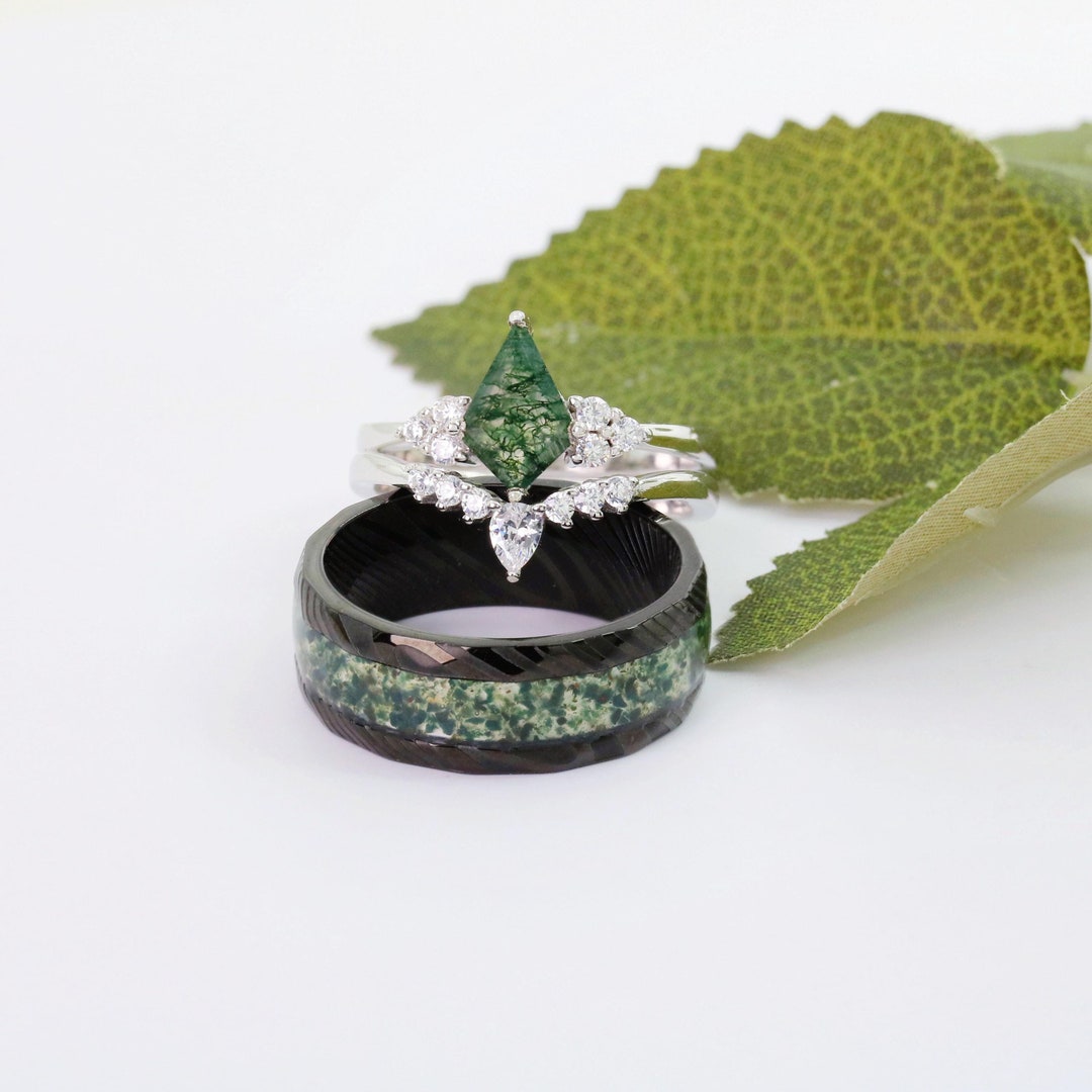Personalized Moss Agate Wedding Ring Set, Matching His and Hers Rings ...