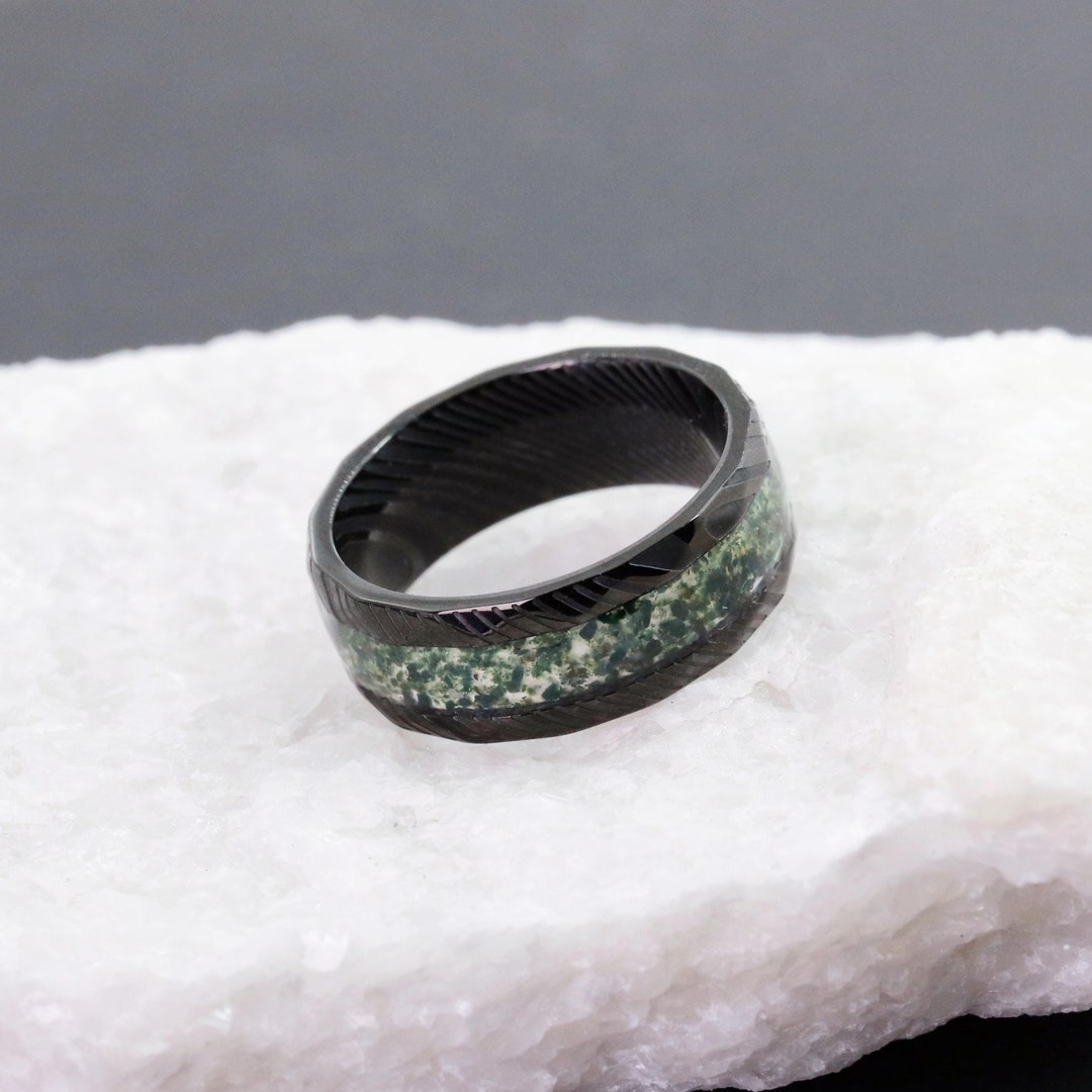 Green Moss Agate Ring, Black Stainless Ring, Custom Wedding Band for ...