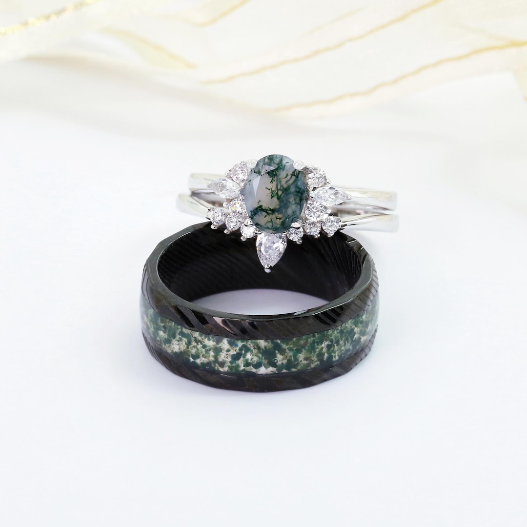Natural Green Moss Rings, Personalized Moss Agate Wedding Ring Set ...