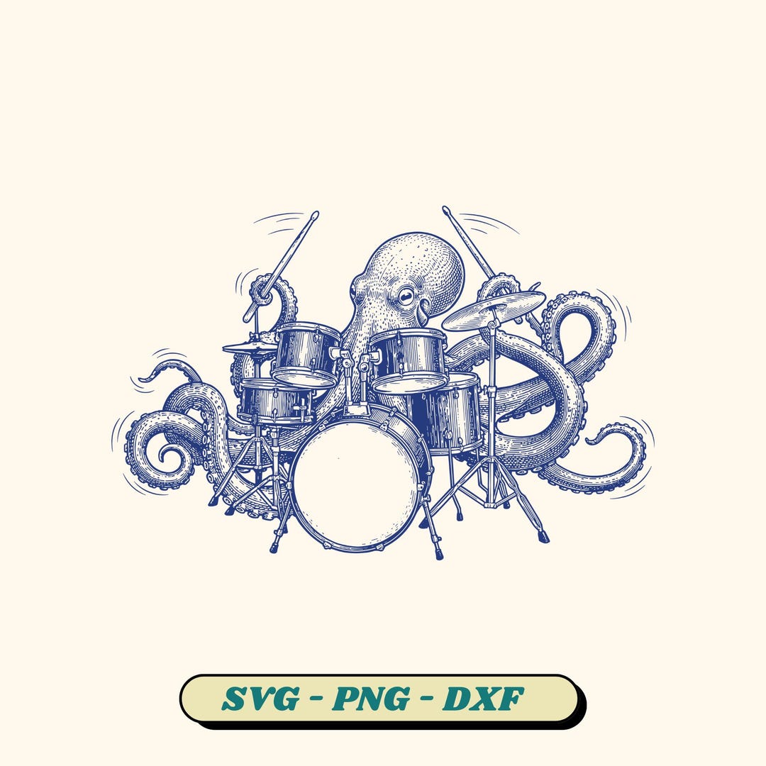 Octopus Drummer SVG Bundle: Vintage Music, Octopus Playing Drums PNG ...