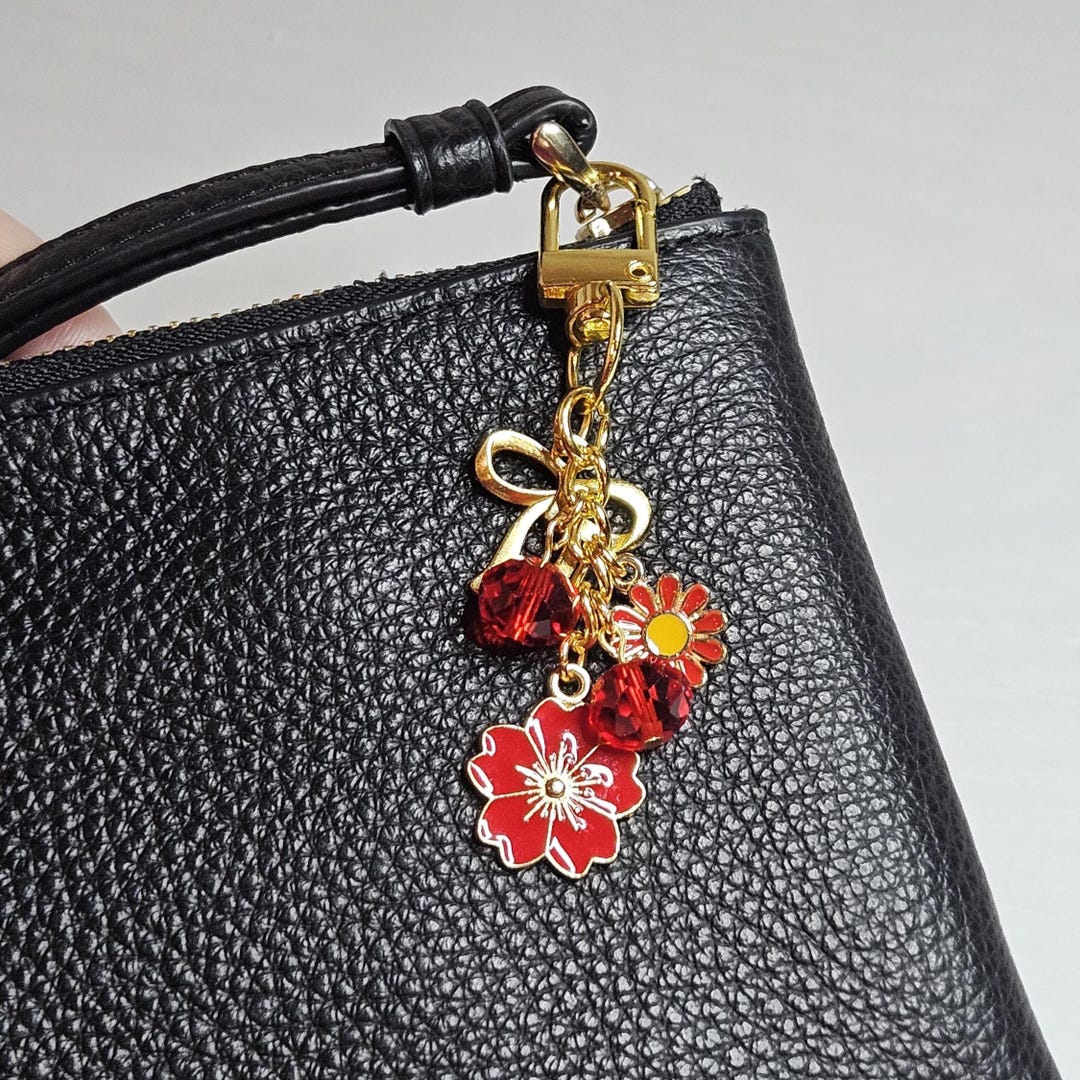 Bow Purse Charm Keychain Red Flower Bag Accessory Gift for Her - Etsy