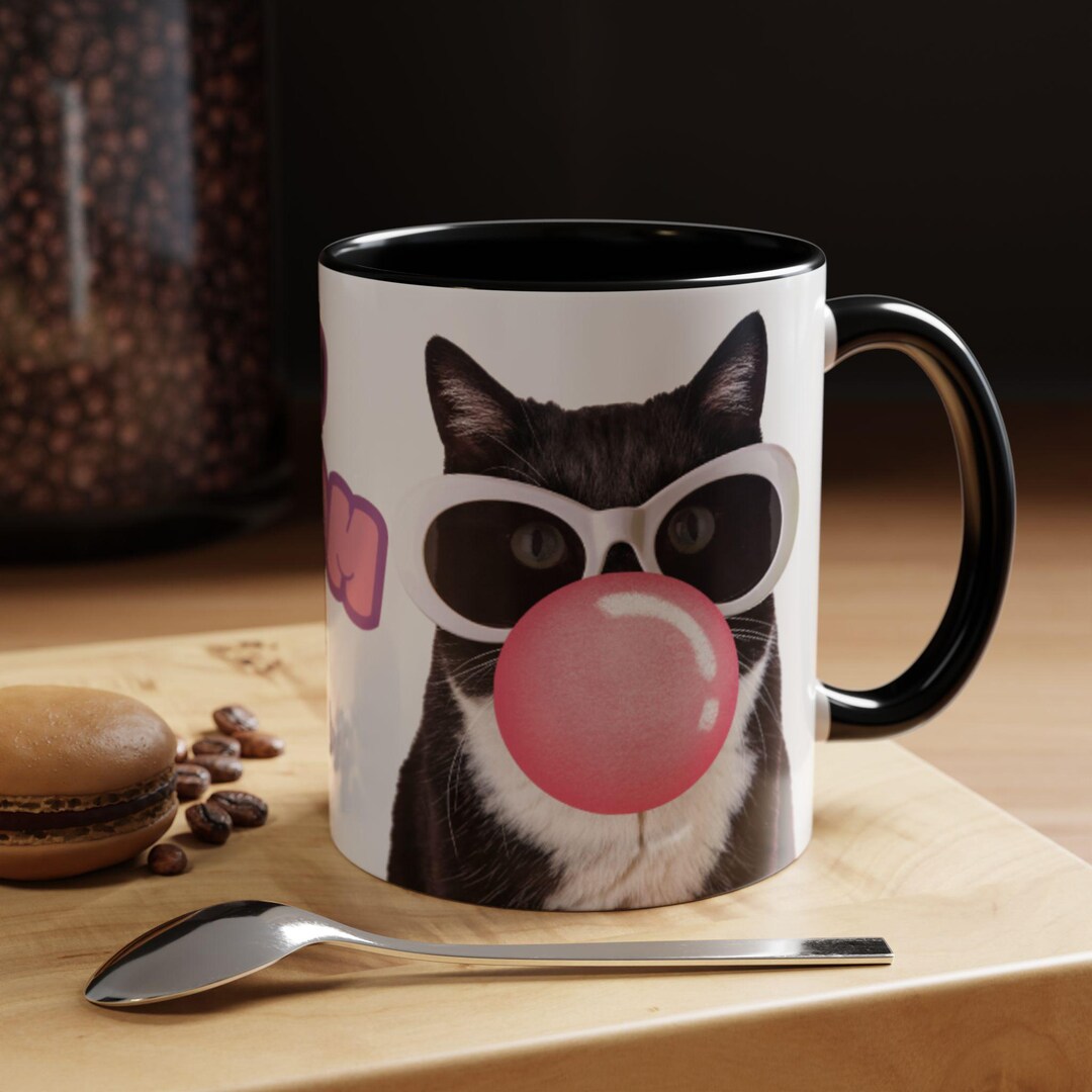 Cat Mom Era Accent Coffee Mug, Tuxedo Cat With Sunglasses Blowing ...