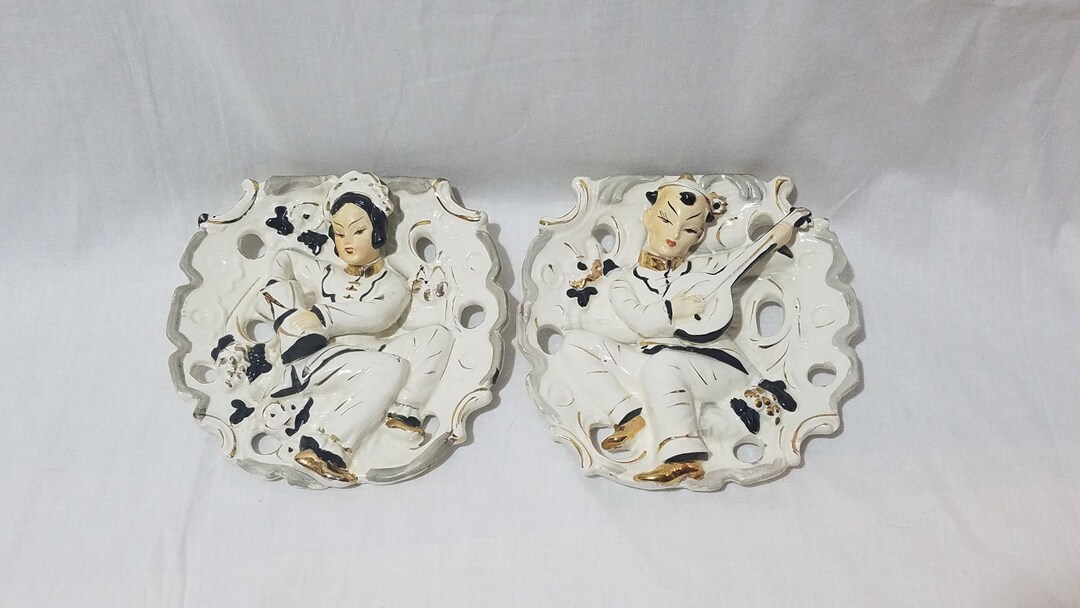 Vintage 1950's Japanese Wall Pockets, Asian Woman Man Ceramic, Japan ...