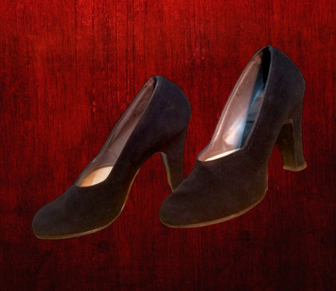 1940's Black Suede High Heels, Vintage Mandel's Baby Doll Shoes Pumps ...