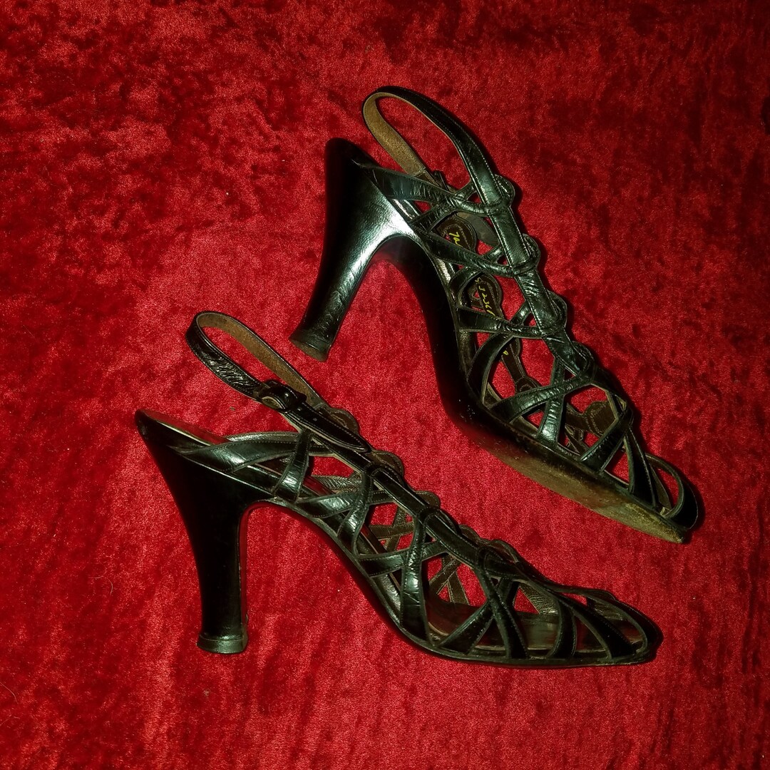 1950's High Heels, Black Leather Cage Design, Strappy Shoes, Ankle ...