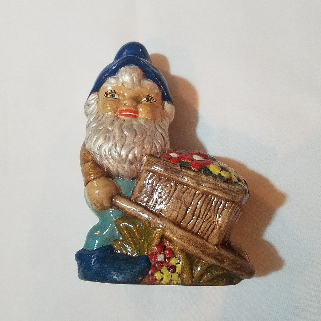 Garden Gnome Statue, Hand Painted Ceramic, Pixie Elf Fairytale, Vintage ...