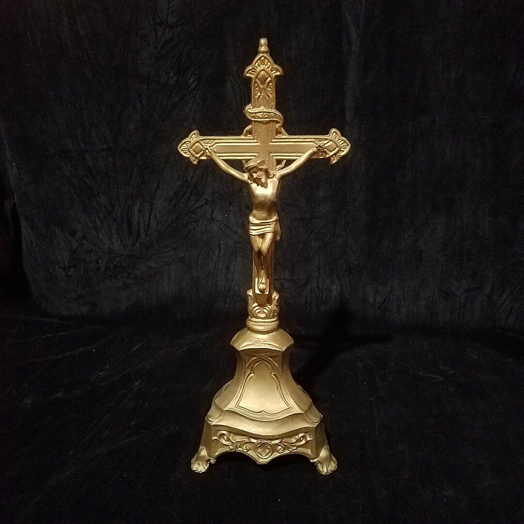 Antique Iron Crucifix, Jesus Christ on Cross, Gold Finish Cast Metal ...