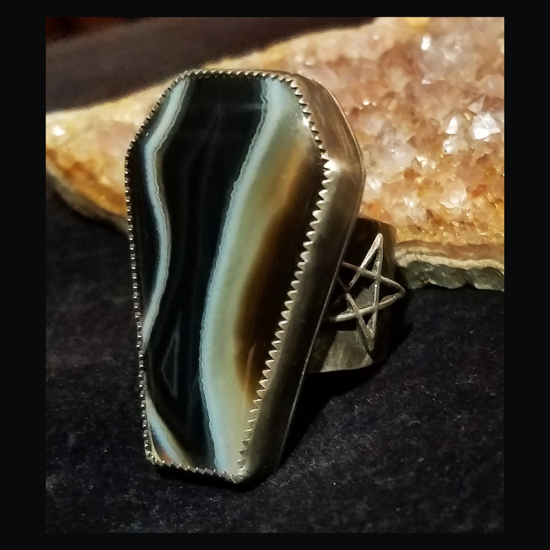 Gothic Coffin Ring, Black Onyx Pentagram, Sterling Silver Jewelry, Dark ...