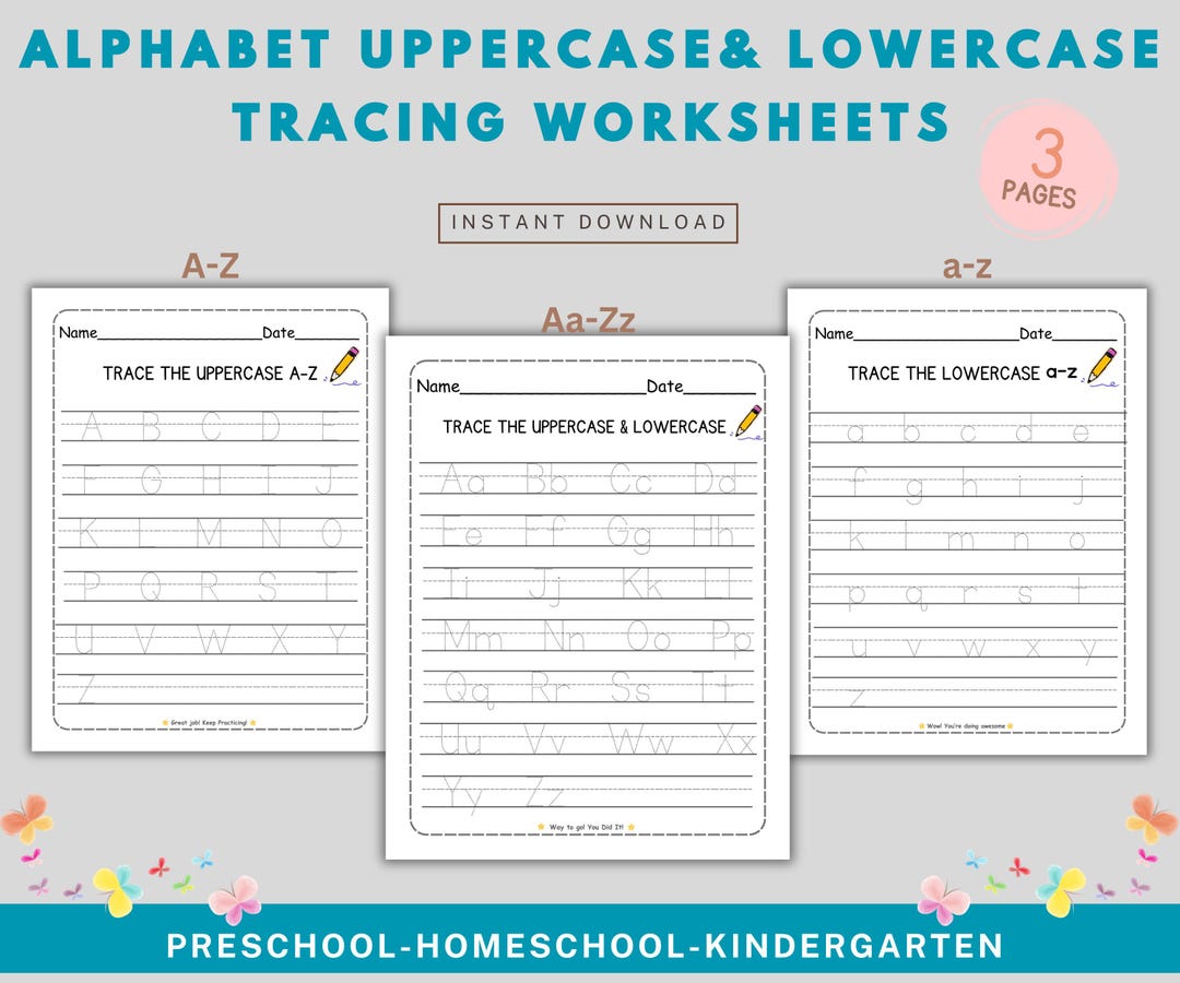 Printable Trace the Alphabet Worksheets A-Z Uppercase Lowercase Letters ...