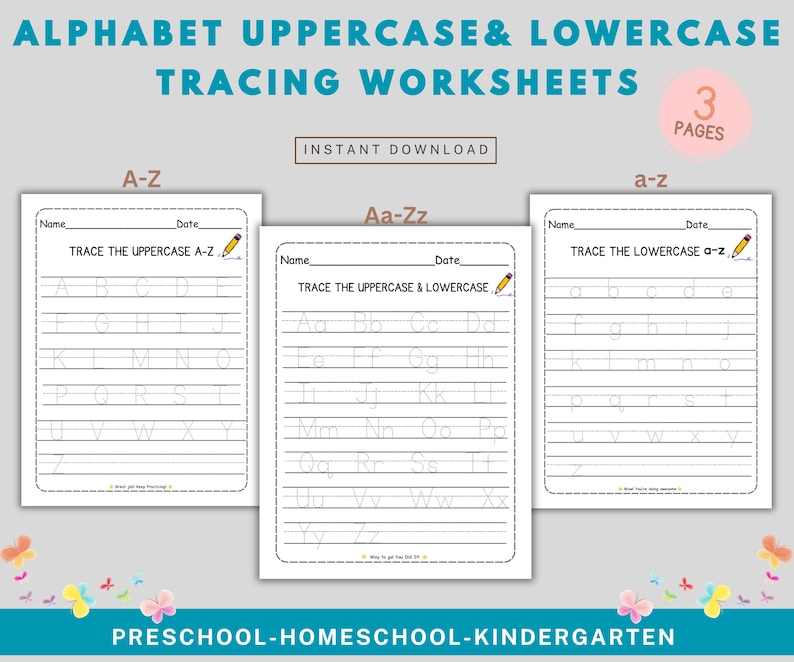 Printable Trace the Alphabet Worksheets A-Z Uppercase Lowercase Letters ...