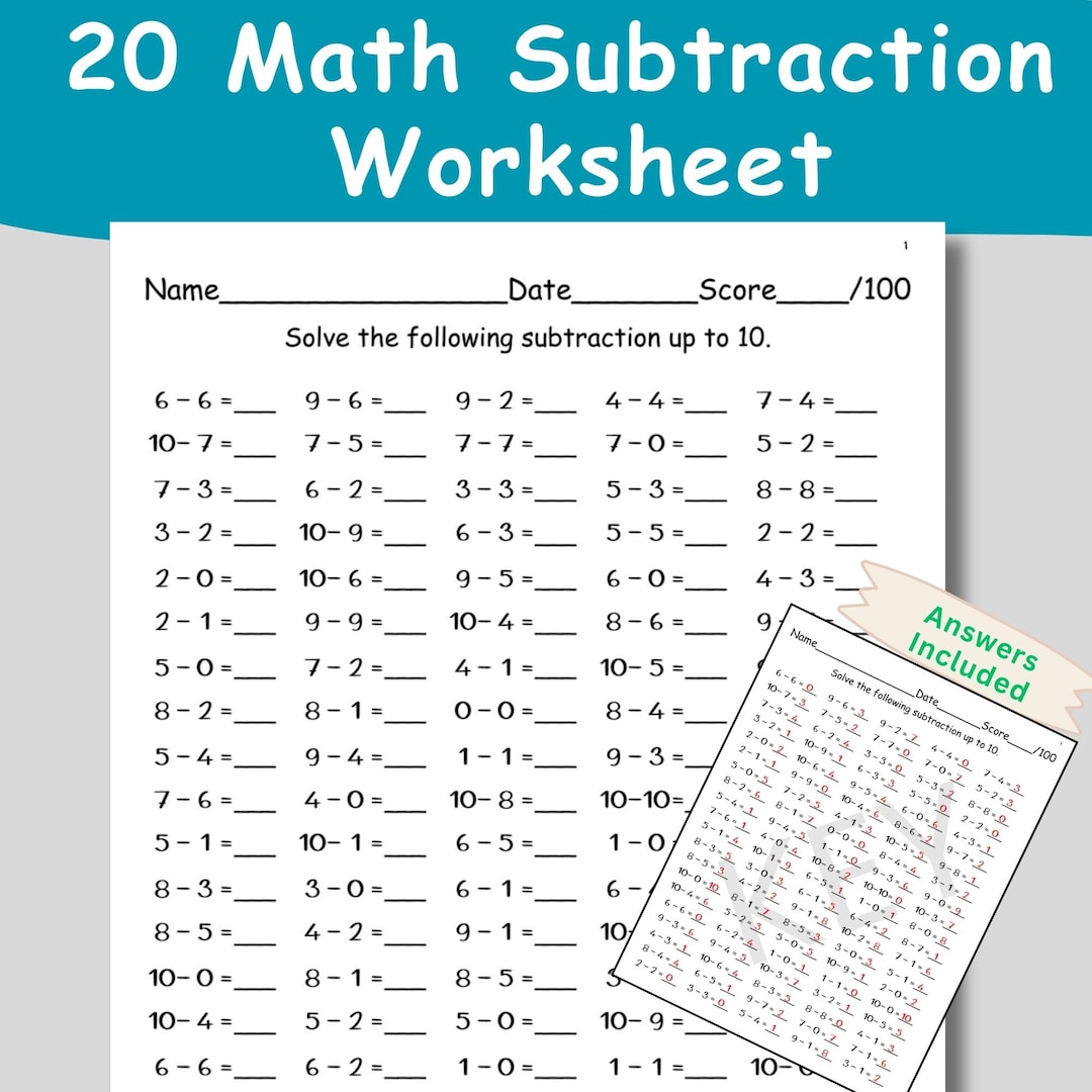 20 Printable Math Subtraction Worksheets for Kindergarten - Fill in the ...