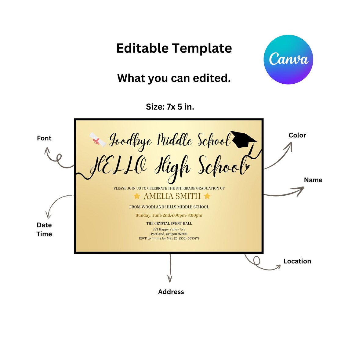 8th Grade Grad Middle School Graduation Invitation Goodbye Middle ...