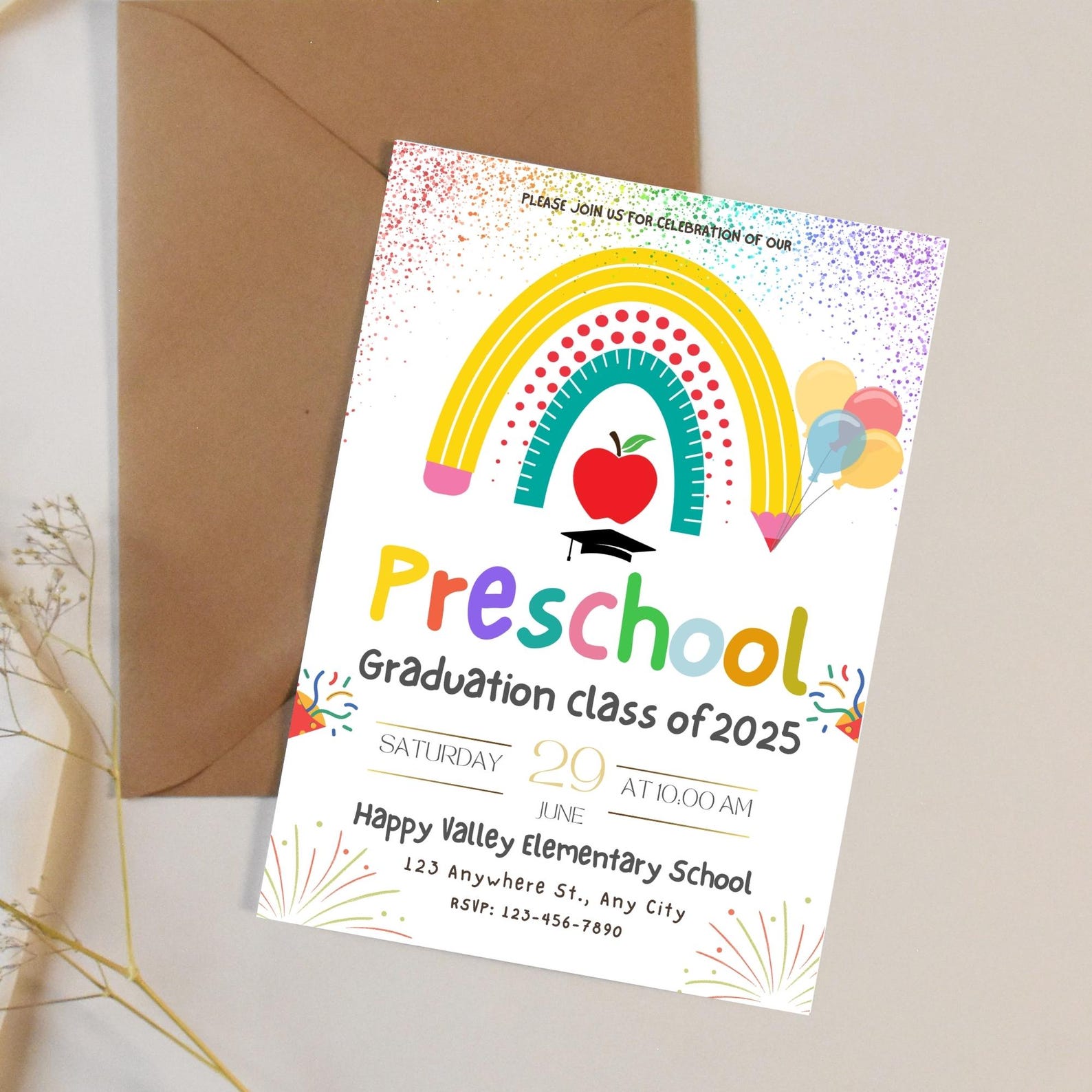 Editable Preschool Graduation Invitation | Colorful Canva Template ...
