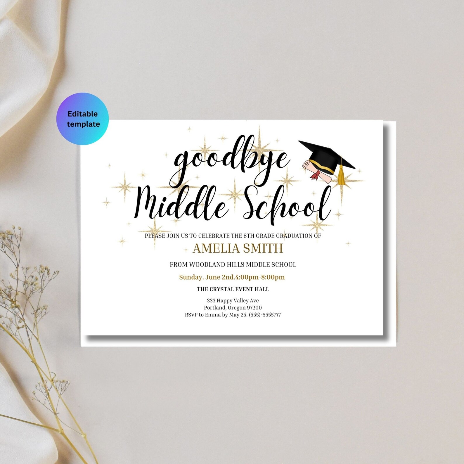 8th Grade Grad Middle School Graduation Invitation Goodbye Middle ...