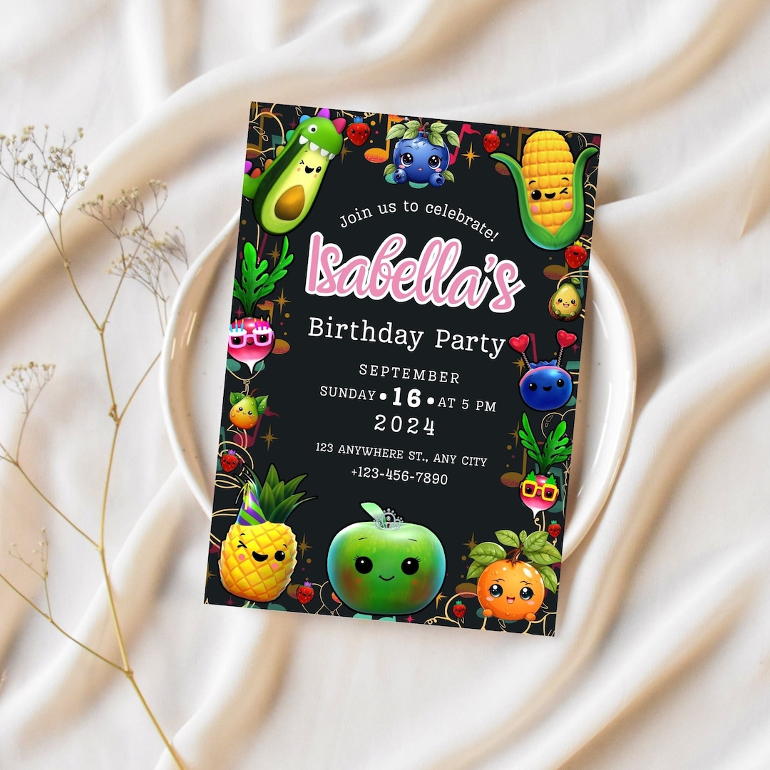 Hey Bear Sensory Invitation Dancing Fruit Party Kids Birthday Invite ...