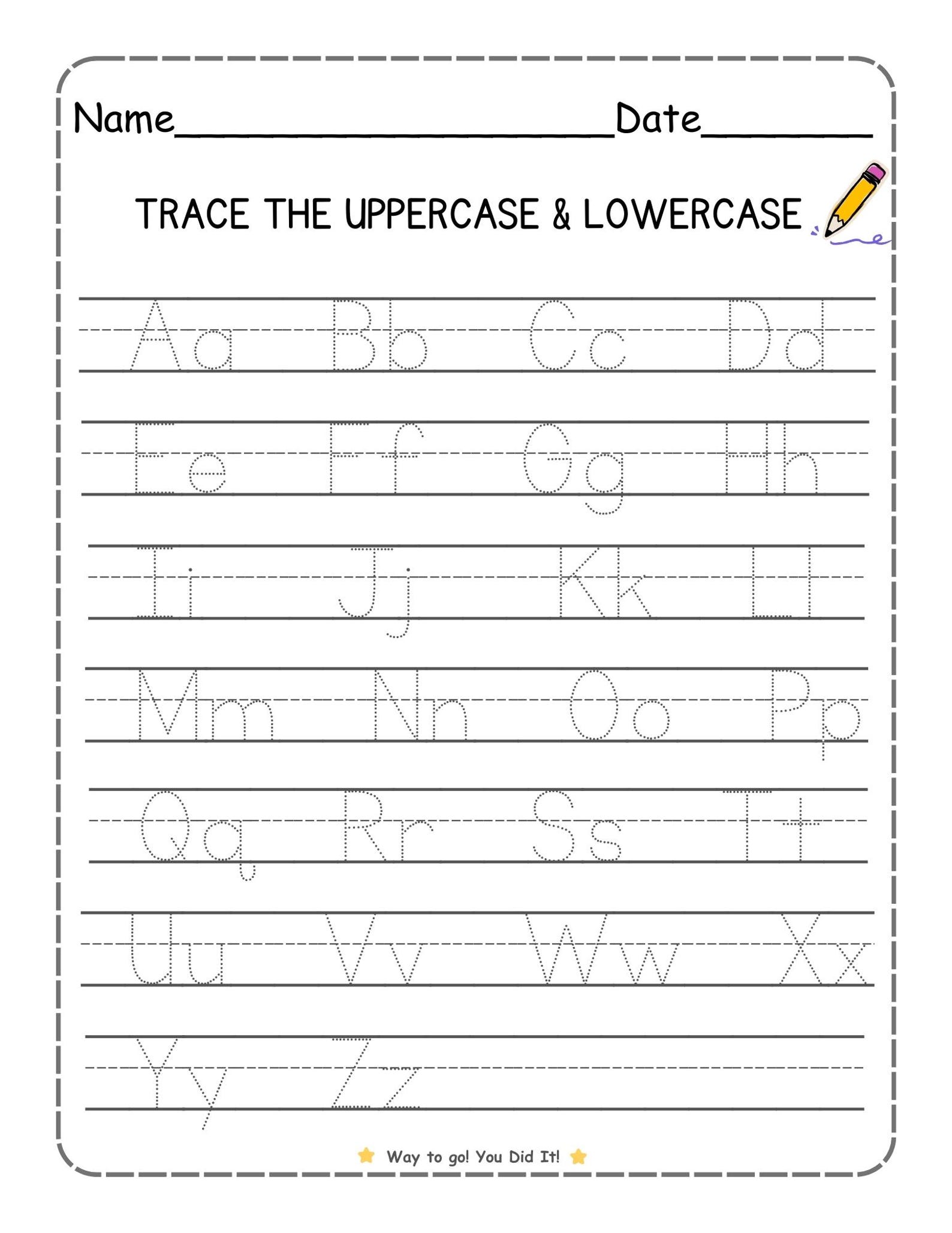 Printable Trace the Alphabet Worksheets A-Z Uppercase Lowercase Letters ...