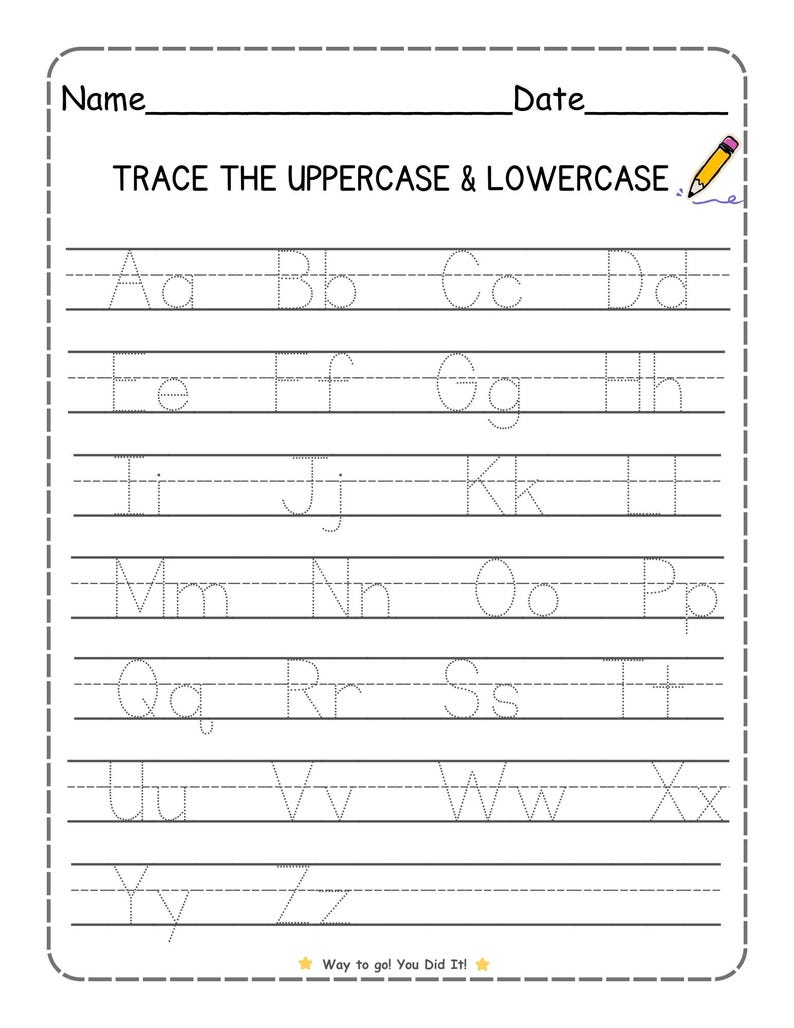 Printable Trace the Alphabet Worksheets A-Z Uppercase Lowercase Letters ...
