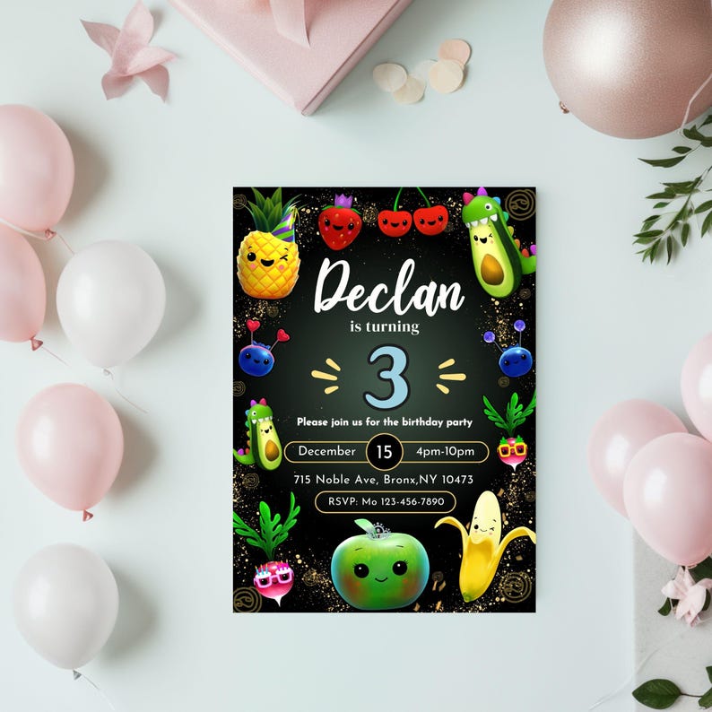 Hey Bear Sensory Invitation Dancing Fruit Party Kids Birthday Invite ...