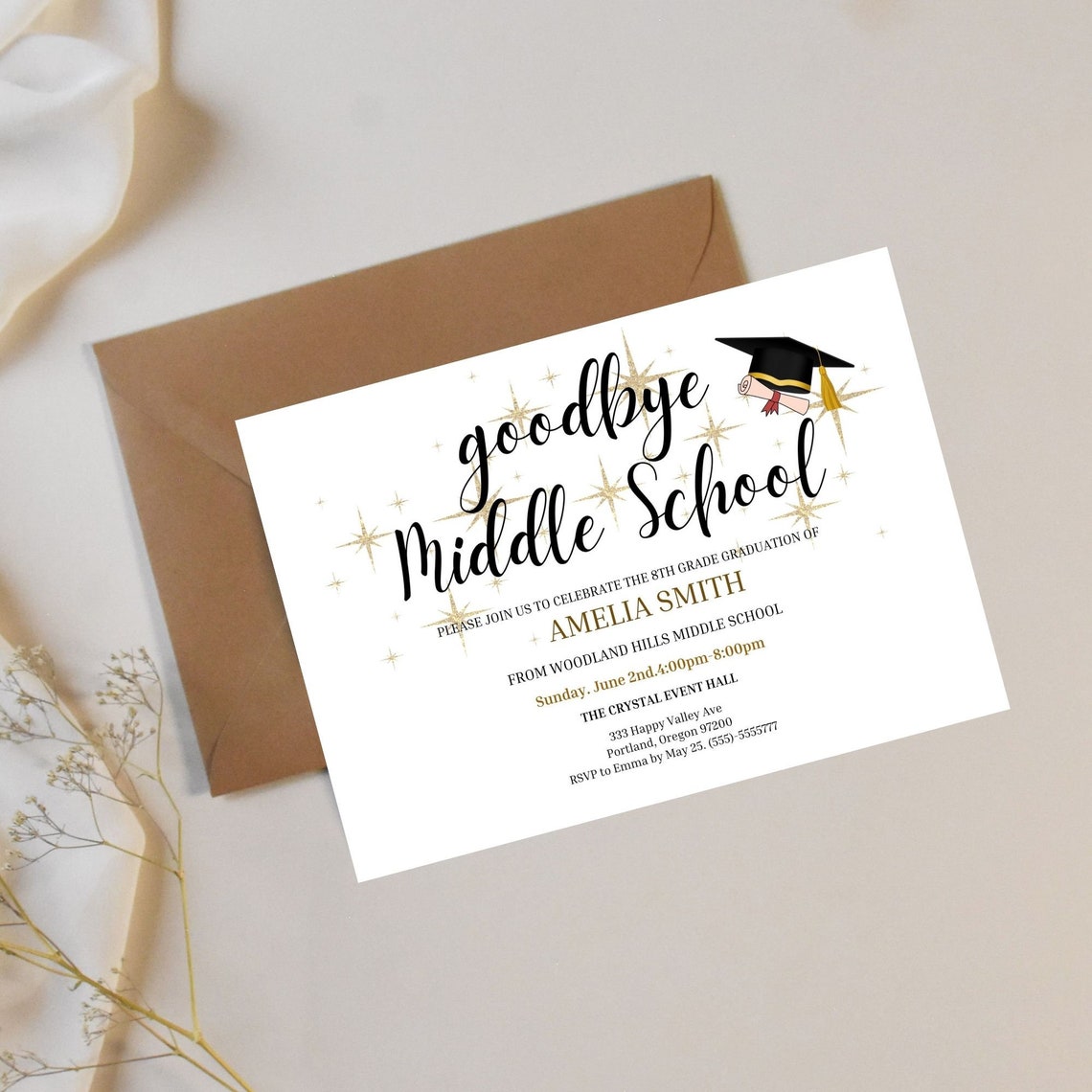 8th Grade Grad Middle School Graduation Invitation Goodbye Middle ...