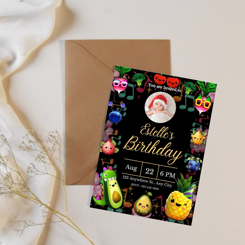 Hey Bear Sensory Invitation With Photo Insert Dancing Fruit Party Kids ...