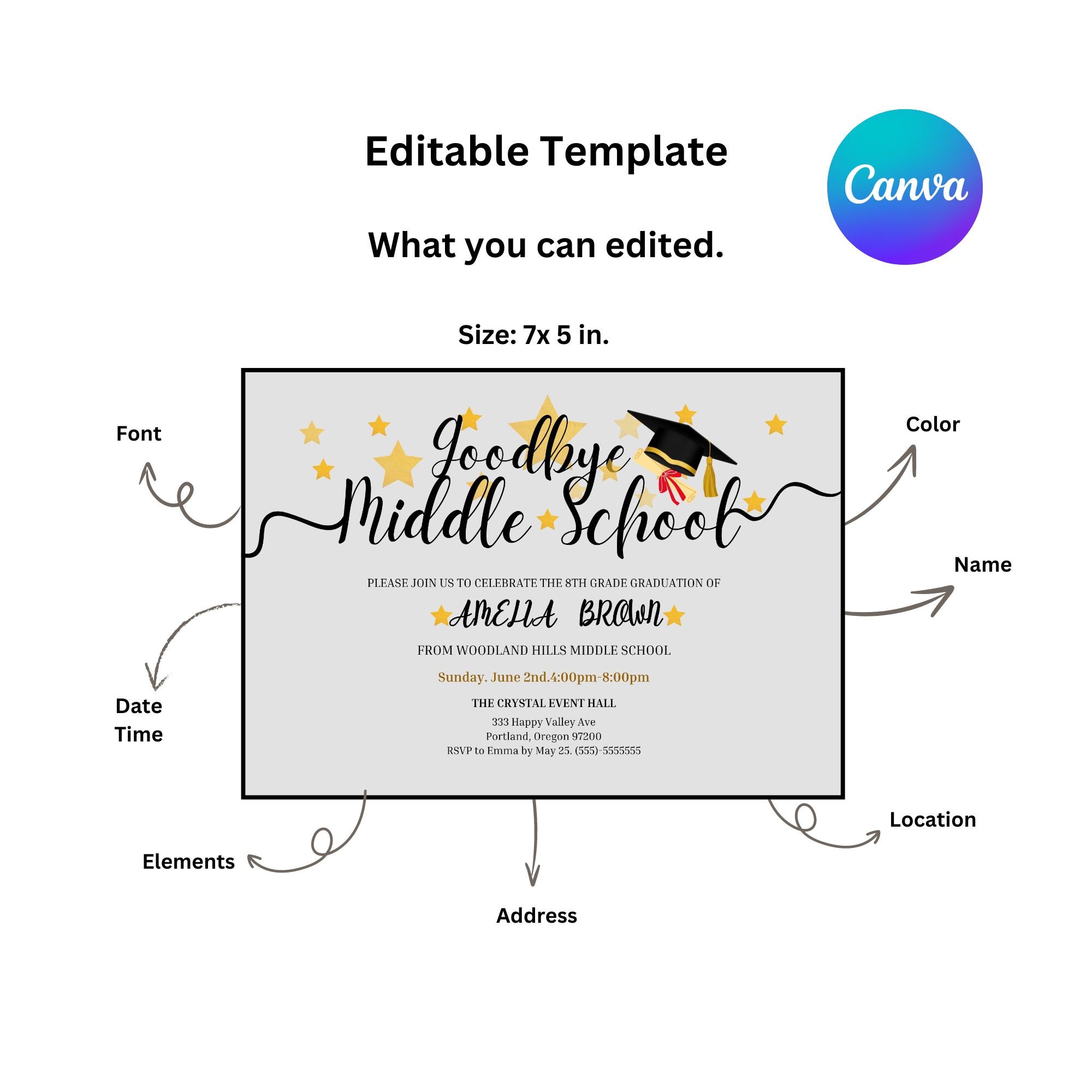 8th Grade Grad Middle School Graduation Invitation Goodbye Middle ...