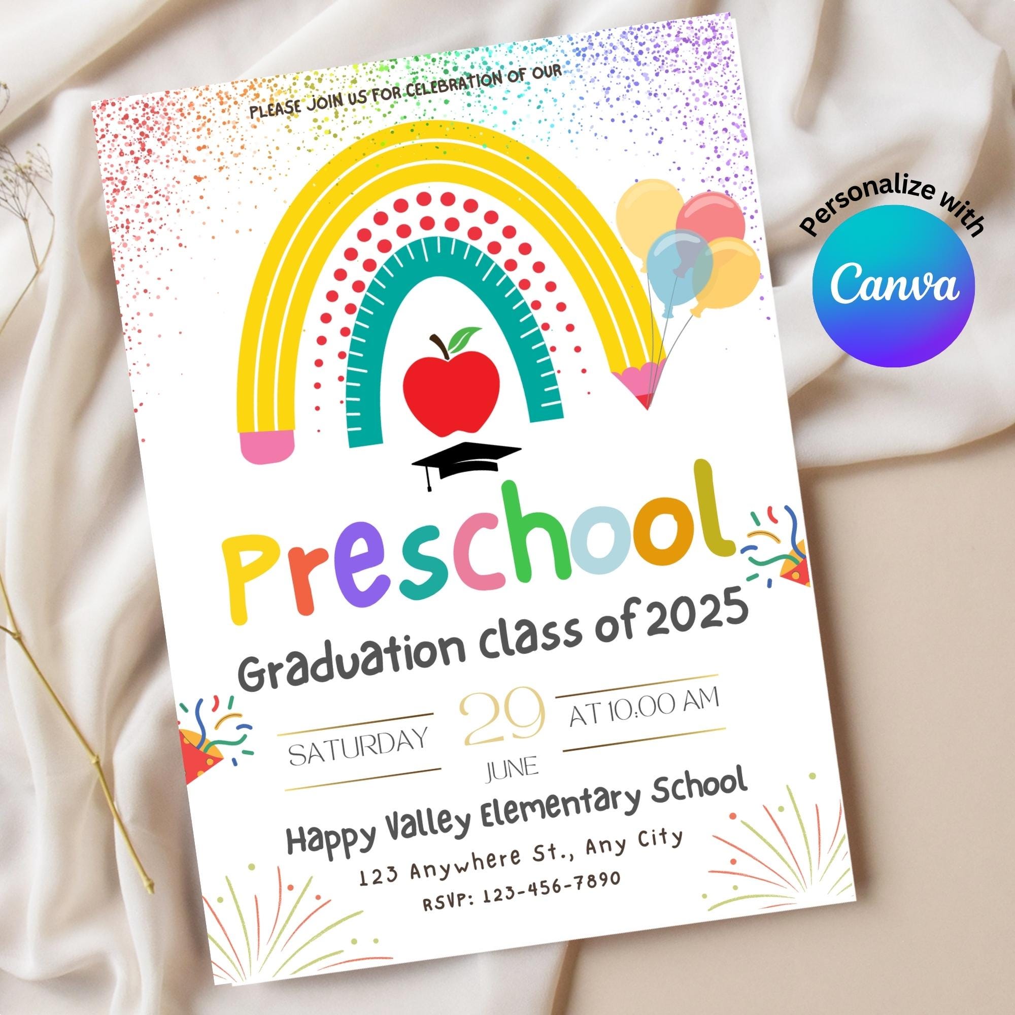 Editable Preschool Graduation Invitation | Colorful Canva Template ...