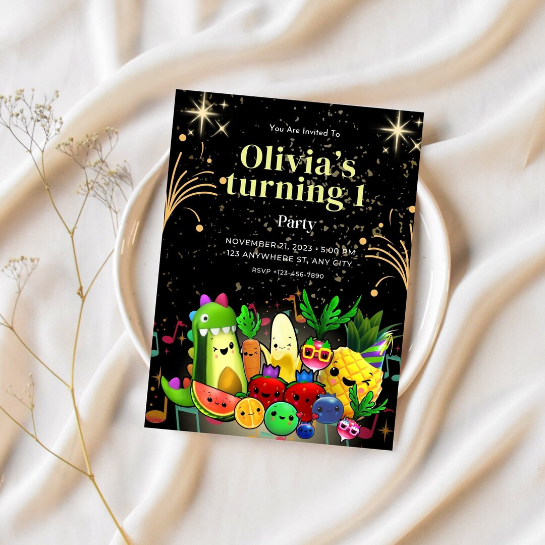 Dancing Fruit Hey Bear Birthday Invitation Children Birthday Party Kids ...