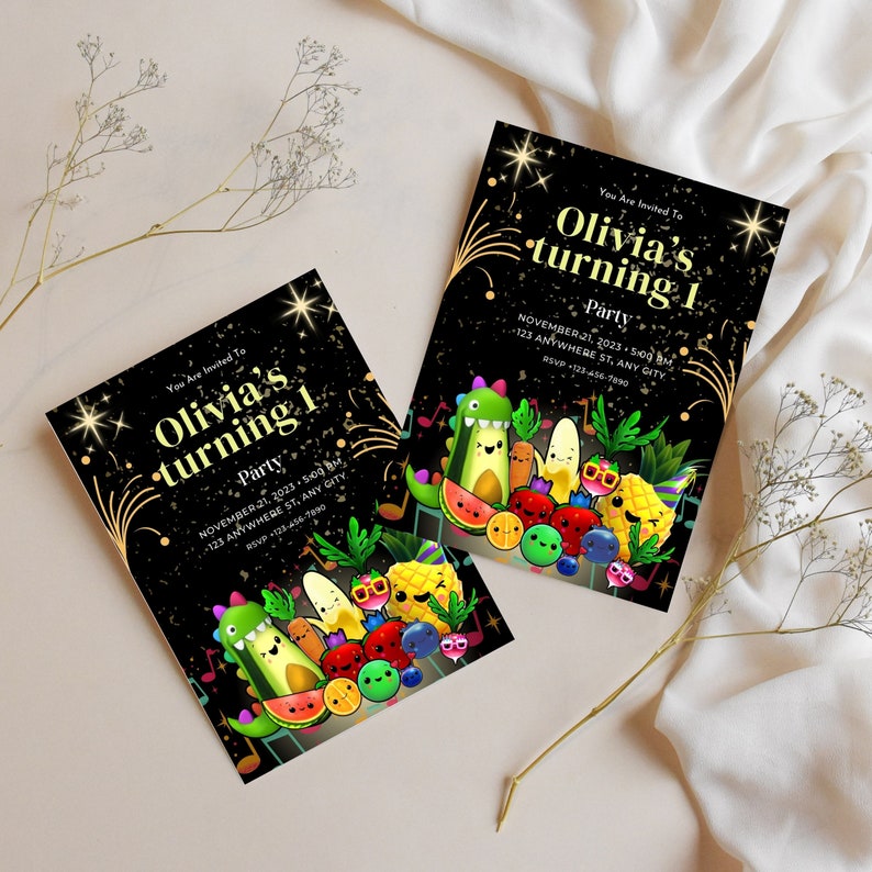 Dancing Fruit Hey Bear Birthday Invitation Children Birthday Party Kids ...