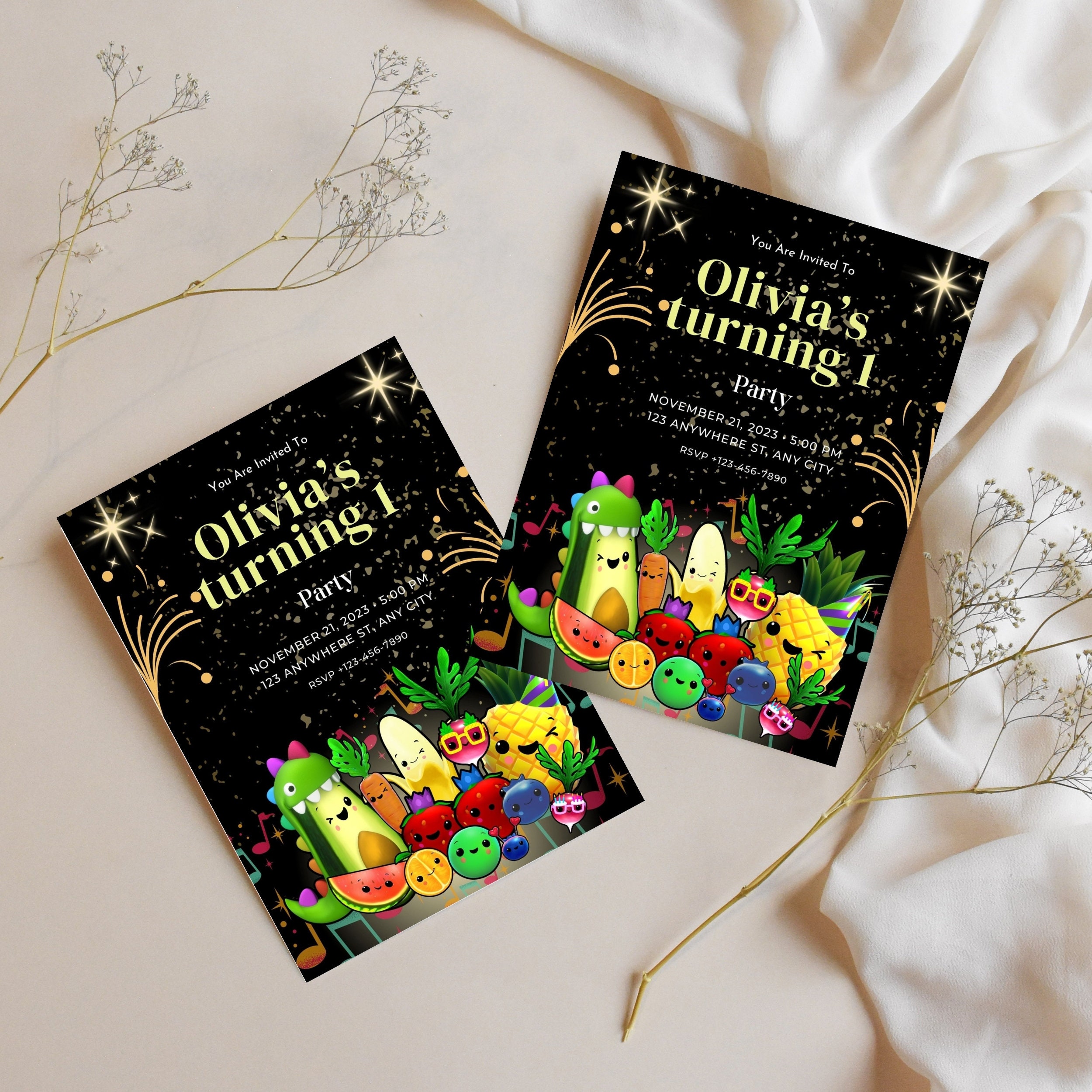 Dancing Fruit Hey Bear Birthday Invitation Children Birthday Party Kids ...