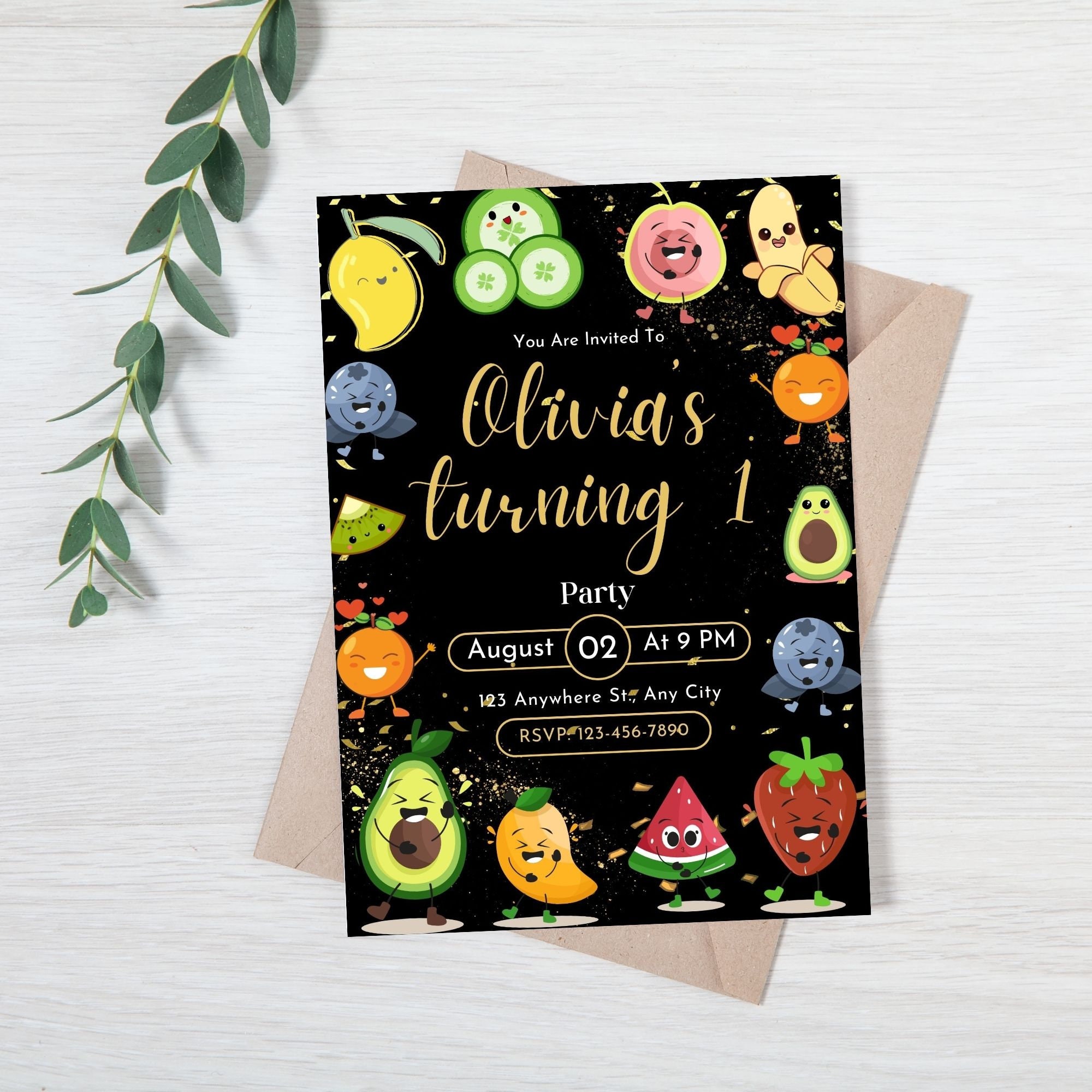 Dancing Fruit Hey Bear Birthday Invitation Children Birthday Party Kids ...