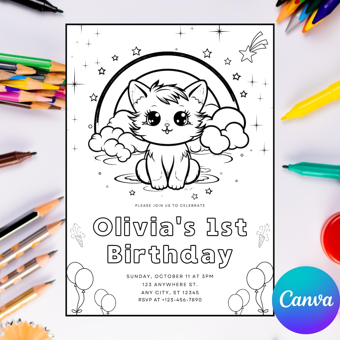 Printable 1st Birthday Coloring Invitation, Editable Cat Party Invite ...