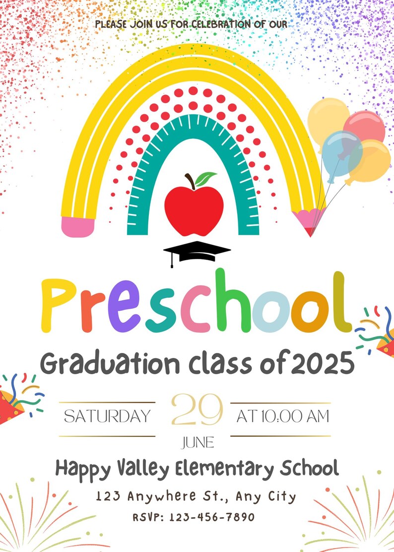 Editable Preschool Graduation Invitation | Colorful Canva Template ...