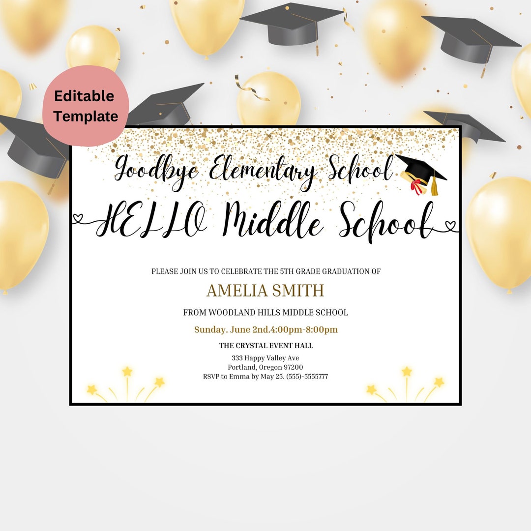 5th Grade Grad Elementary School Graduation Invitation Goodbye ...
