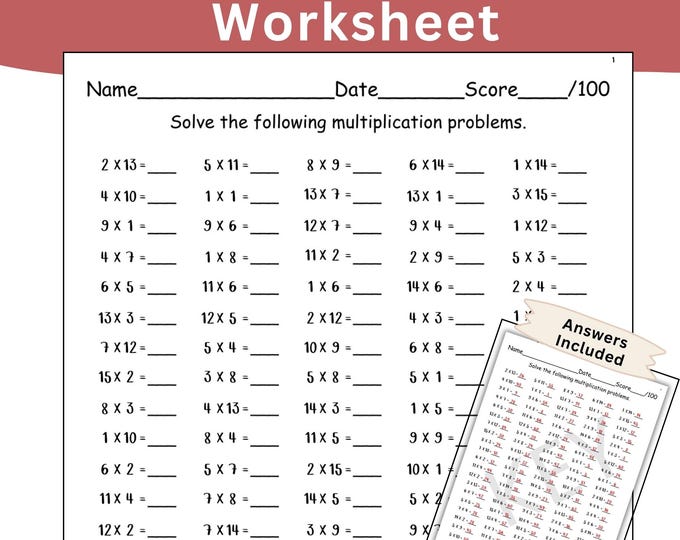 Multiplication 1 Minute Drill V (10 Math Worksheets With Answers)/ Pdf ...