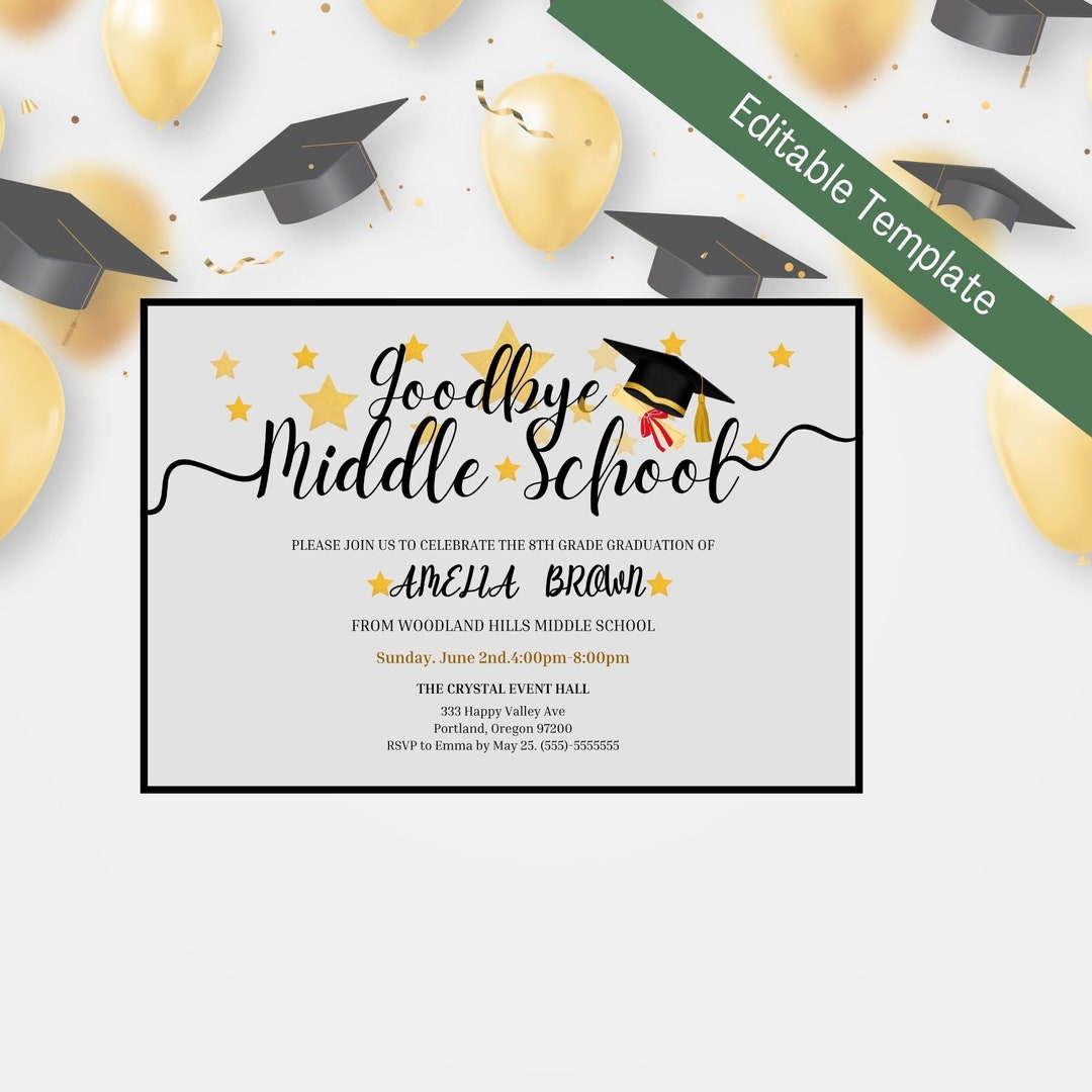 8th Grade Grad Middle School Graduation Invitation Goodbye Middle ...